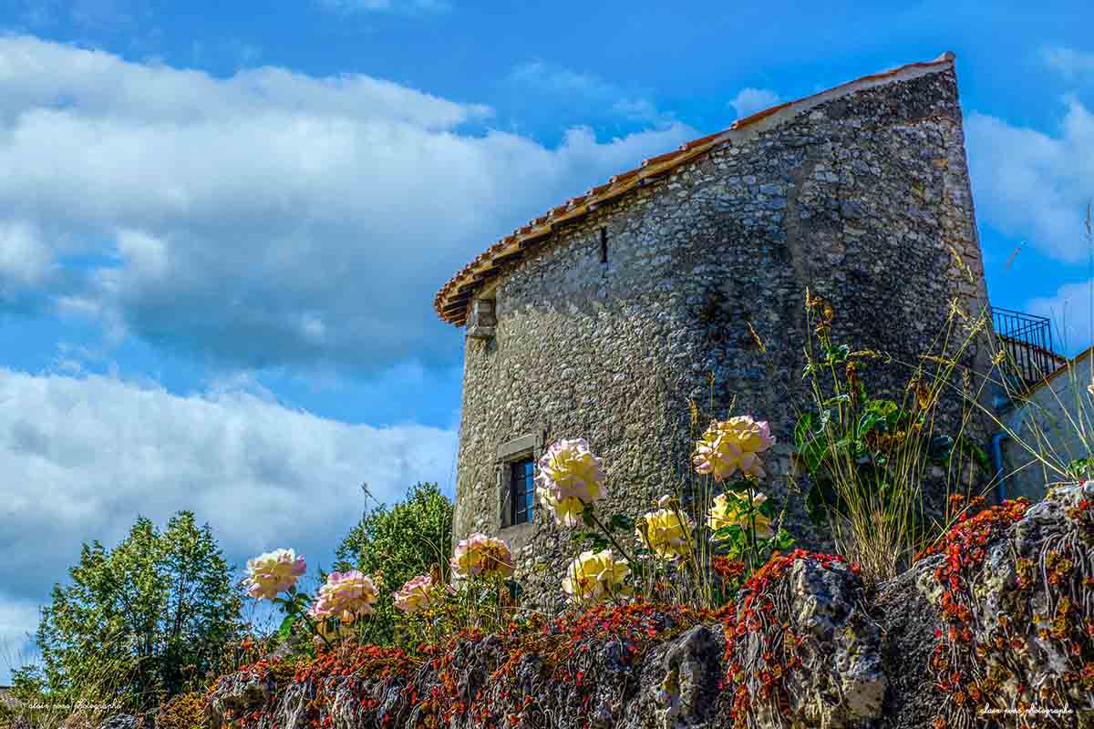 Tour de guet de Charroux, en couleur avec des fleurs, Allier